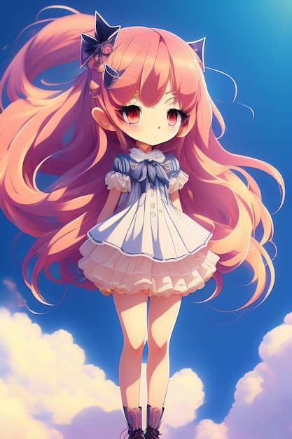 분홍색 머리와 파란 눈을 가진 만화 소녀가 푸른 하늘 배경에 서 있습니다 프리미엄 사진