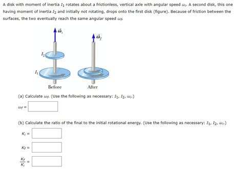 disk with moment of inertia i1 rotates bout frictionless vertical axle with angular speed wj