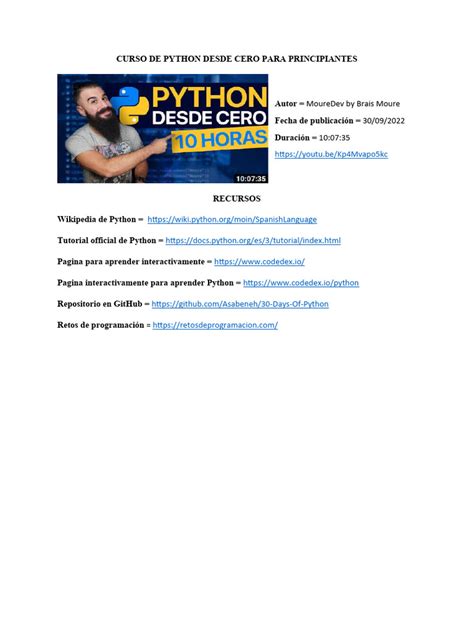 Curso De Python Para Principiantes Pdf Python Lenguaje De