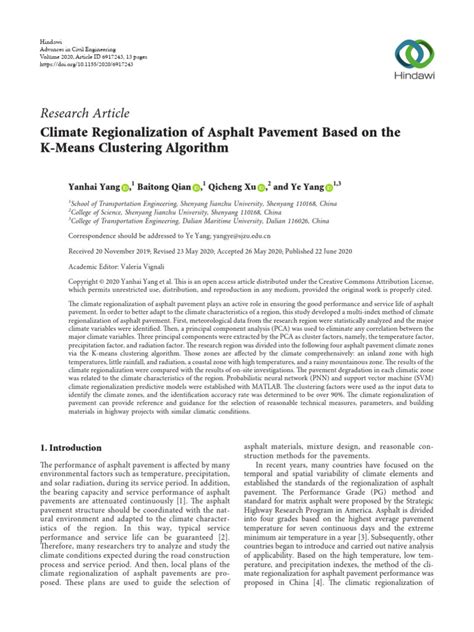 Research Article Climate Regionalization Of Asphalt Pavement Based On The K Means Clustering