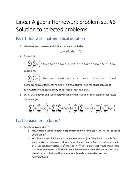 HW Solutions Homework Linear Algebra Homework Problem Set Solution To Selected Problems