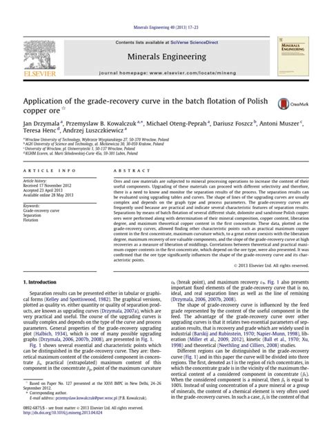 application of the grade recovery curve in the batch flotation of