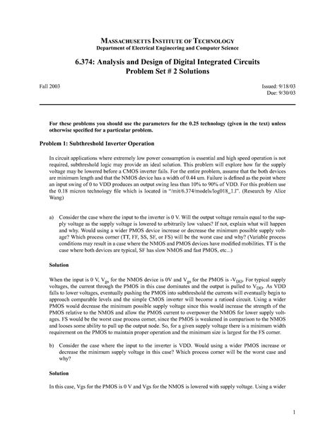 VLSI Solution M ASSACHUSETTS INSTITUTE OF T ECHNOLOGY Department Of Electrical Engineering And