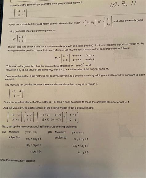 Solve The Matrix Game Using A Geometric Linear Chegg