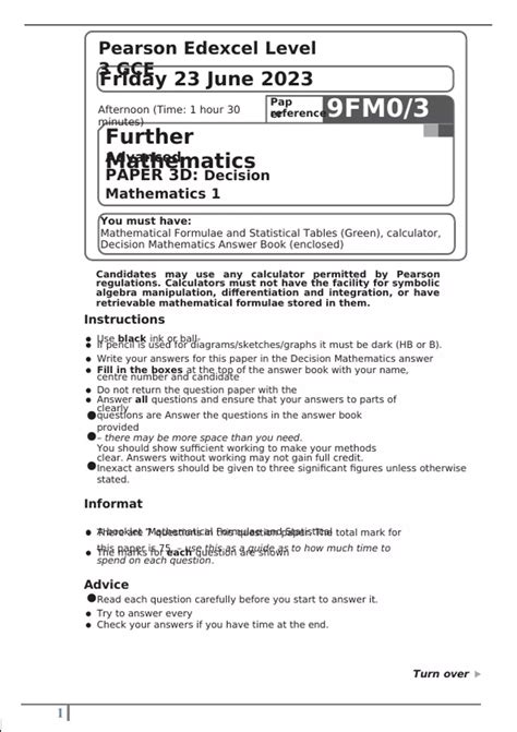 Pearson Edexcel Level 3 Further Mathematics Advanced Paper 3d Decision