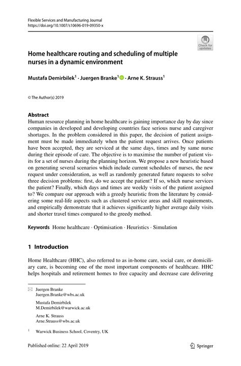Pdf Home Healthcare Routing And Scheduling Of Multiple Nurses In A Dynamic Environment