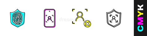 Set Fingerprint In Shield Mobile And Face Recognition Rejection And Shield Icon Vector Stock