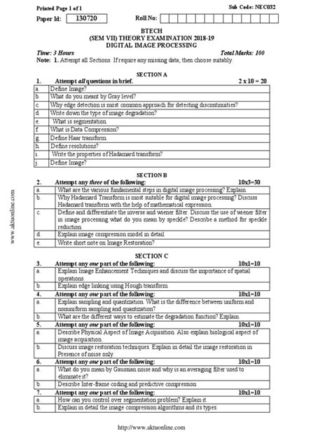 Btech Ec 7 Sem Digital Image Processing Nec032 2019 Pdf Data Compression
