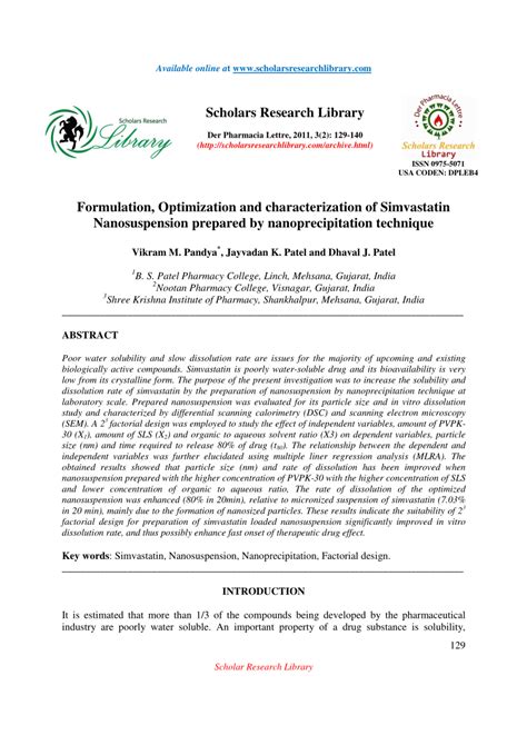 Pdf Formulation Optimization And Characterization Of Simvastatin Nanosuspension Prepared By