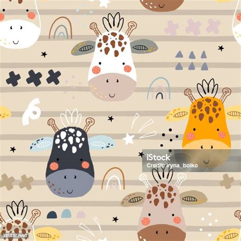 귀여운 기린 무늬 프린트를 위한 어린이용 프린트 재미있는 귀여운 스칸디나비아 기린 만화 스타일 인쇄 가능한 템플릿입니다 어린이 의류 포스터 베이비 샤워 카드에 적합합니다 0