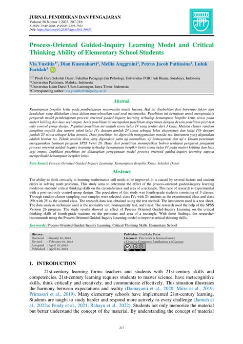 Pdf Process Oriented Guided Inquiry Learning Model And Critical Thinking Ability Of Elementary