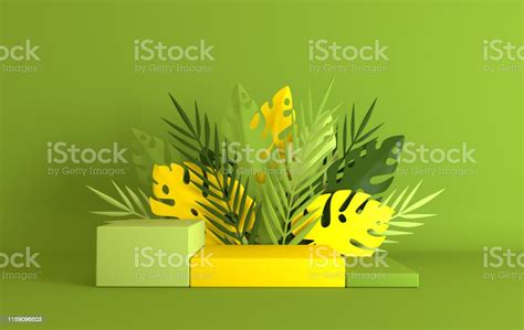 열대 종이 손바닥 몬스타 나뭇잎과 꽃 프레임 제품 프리젠 테이션을위한 연단 플랫폼 여름 열대 잎입니다 종이 접기 이국적인 정글 여름 배경입니다 용지 잘라내기 3d 렌더링