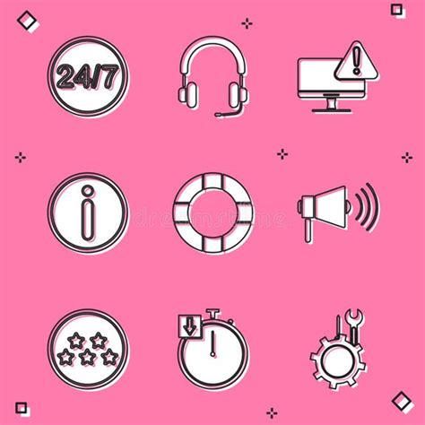 Set Clock 24 Hours Headphones Monitor With Exclamation Mark Information Lifebuoy Megaphone