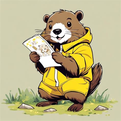 Comic Style Beaver Wearing Only Yellow Pants Holding A Picture In Its