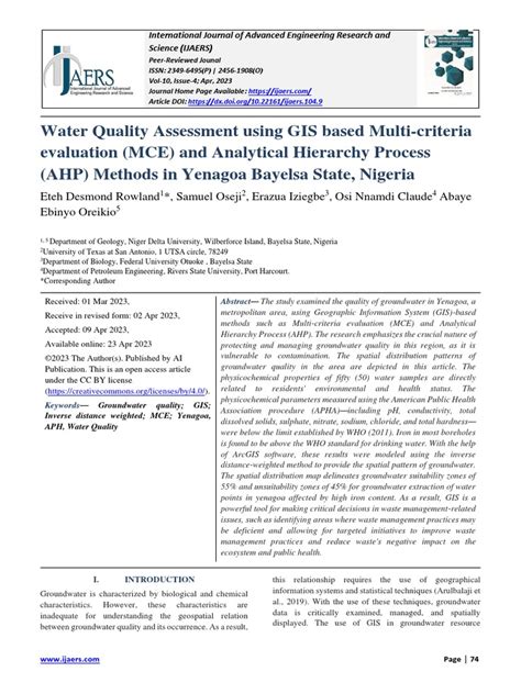 Water Quality Assessment Using Gis Based Multi Criteria Evaluation Mce And Analytical