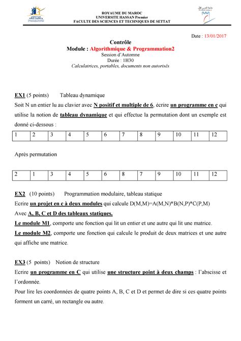 Controle 16 17 Algorithme Et Analyse Numérique Universite Hassan