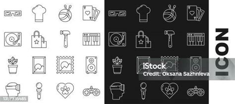 세트 라인 게임 패드 스테레오 스피커 음악 신디사이저 뜨개질 바늘 종이 쇼핑 백 비닐 플레이어 비닐 디스크 3d 시네마 안경과 해머 아이콘과 원사 공 벡터 3차원 형태에