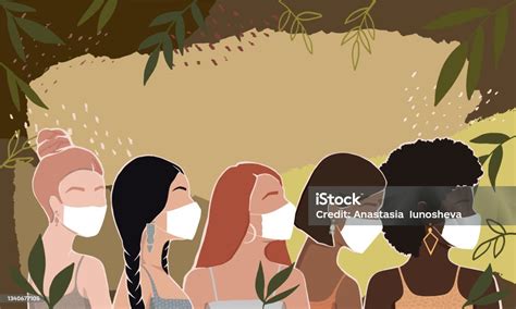 서로 다른 인종의 여성은 잎과 추상적 인 가을 배경에 마스크에 함께 현대적인 평면 일러스트레이션 레이어에 의해 격리됩니다 여성에게 힘을 실어주는 운동 세계 여성의 날