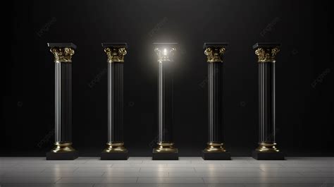 고전적인 기둥과 밝게 빛나는 검은색 문은 놀라운 3d 렌더링으로 3개의 연단을 장식합니다 로마 기둥 그리스 사원 기둥 기둥 배경 일러스트 및 사진 무료 다운로드