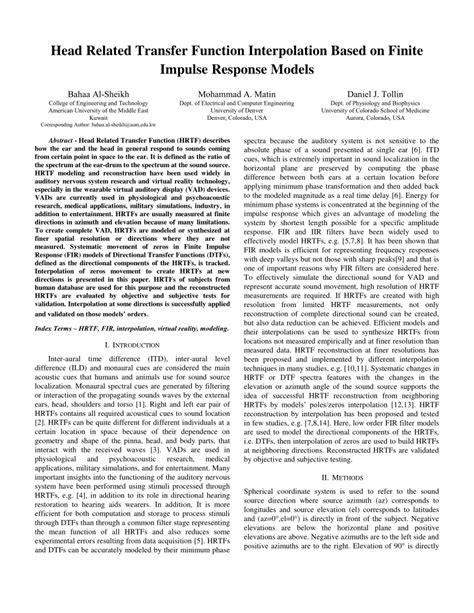 Pdf Head Related Transfer Function Interpolation Based On Finite Impulse Response Models