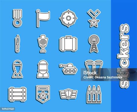 세트 라인 총알 쌍안경 레이더 사격 경쟁을 위한 표적 스포츠 인간 표적 군용 칼 보상 메달 및 탄약 상자 아이콘 벡터 갈매기표 수장에 대한 스톡 벡터 아트 및 기타 이미지
