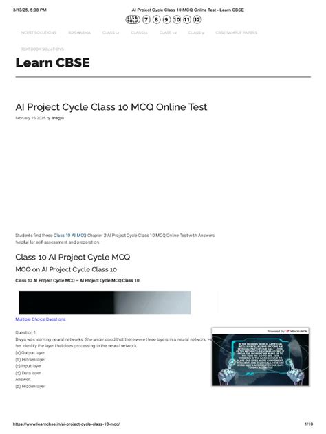 Ai Project Cycle Class 10 Mcq Online Test Learn Cbse Pdf Machine Learning Artificial