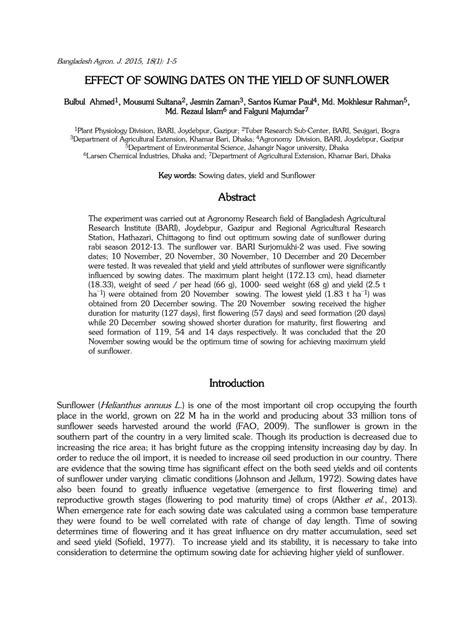 Pdf Effect Of Sowing Dates On The Yield Of Sunflower