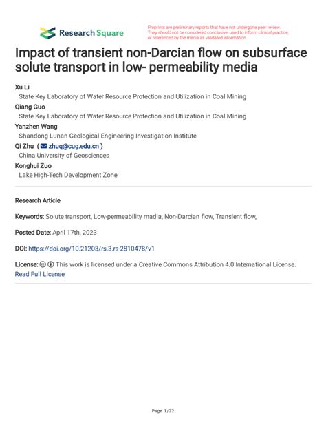 Pdf Impact Of Transient Non Darcian Flow On Subsurface Solute Transport In Low Permeability Media