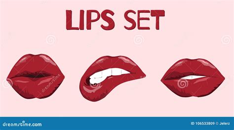 Woman`s Lip Vector Set Mouth With Teeth Smile Tongue Isolated Stock