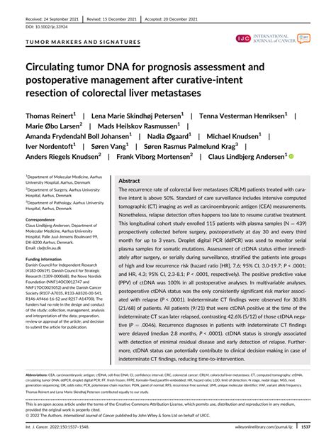 Pdf Circulating Tumor Dna For Prognosis Assessment And Postoperative