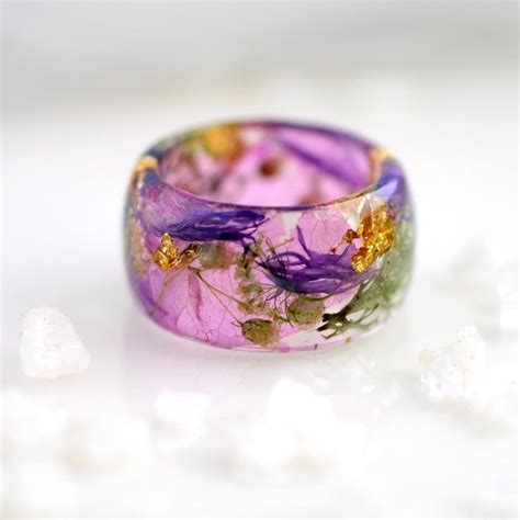 Purple Flowers Ring Pressed Flower Resin Ring Real Lichen Ring