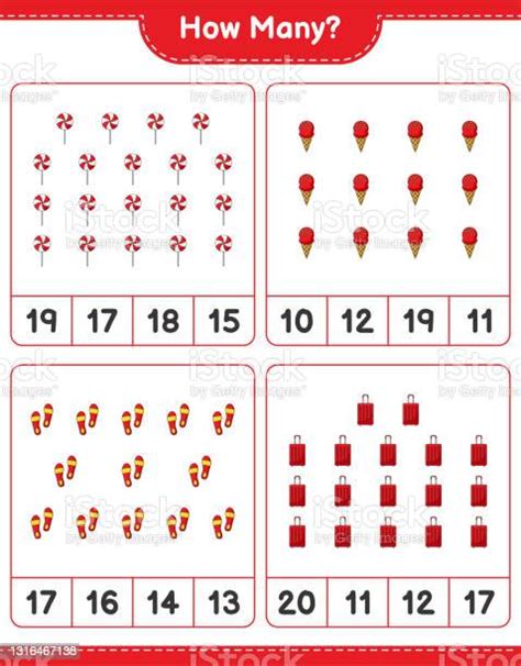 게임 플립 플롭 여행 가방 사탕 아이스크림 의 수를 계산합니다 교육 어린이 게임 인쇄 워크 시트 벡터 일러스트레이션 0명에 대한 스톡 벡터 아트 및 기타 이미지 Istock