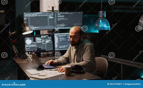 Software Engineer Typing Source Code On Multiple Monitors Stock Image Image Of Learning Room