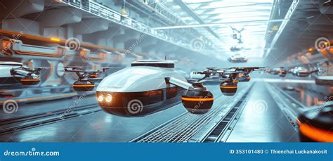 Futuristic Logistics Hub With Drones And Automated Vehicles In Motion Stock Illustration