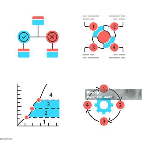 다이어그램 은 색상 아이콘 을 설정 합니다 결정 설명 단계 프로세스 차트 통계 데이터 및 프로세스 흐름 시각화 정보 기호 표현 격리된 벡터 일러스트레이션 아이콘에 대한 스톡