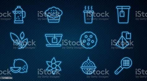 세트 라인 손잡이 가방 차 한잔 잎 프렌치 프레스 쿠키 또는 비스킷 및 머핀 아이콘이있는 차 여과기 벡터 감귤류 과일에 대한