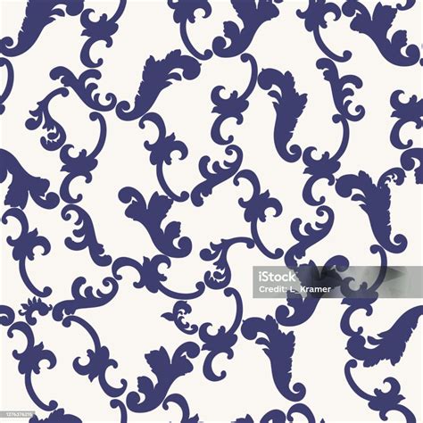 어두운 인디고 블루 바로크에서 벡터 매끄러운 패턴은 밝은 베이지 색 배경에 실루엣을 스크롤합니다 스카프 네커치크 실크 프린트
