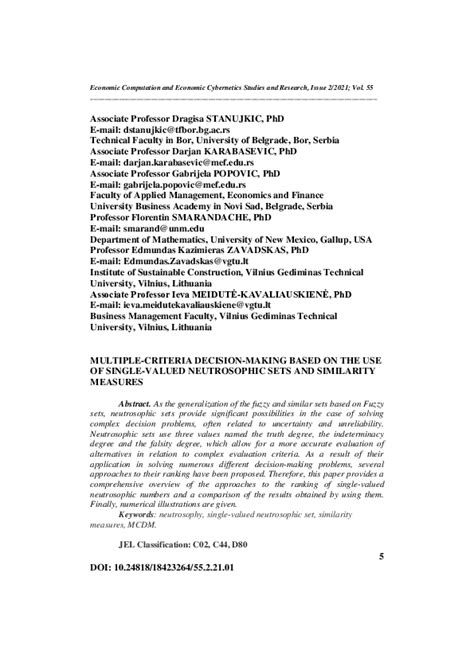 Pdf Multiple Criteria Decision Making Based On The Use Of Single Valued Neutrosophic Sets And