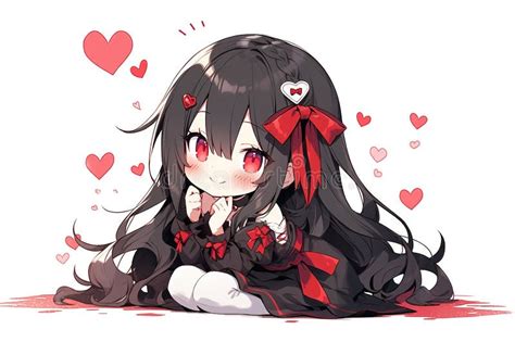 Cute Happy Anime Chibi Girl With Black Hair With Red Bow On A White