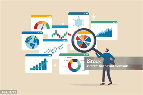 분석 보고서 연구 결과 차트 및 다이어그램 대시 보드 재무 그래프 통계 데이터 분석 Seo 또는 최적화 개념 돋보기를 가진 사업가는 연구 차트 및 그래프를 분석합니다