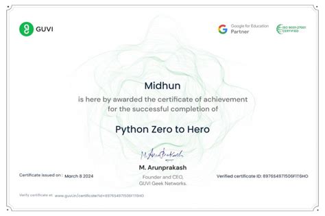 Mithun M On Linkedin Completion Of The Course Python Zero To Hero By Guvi