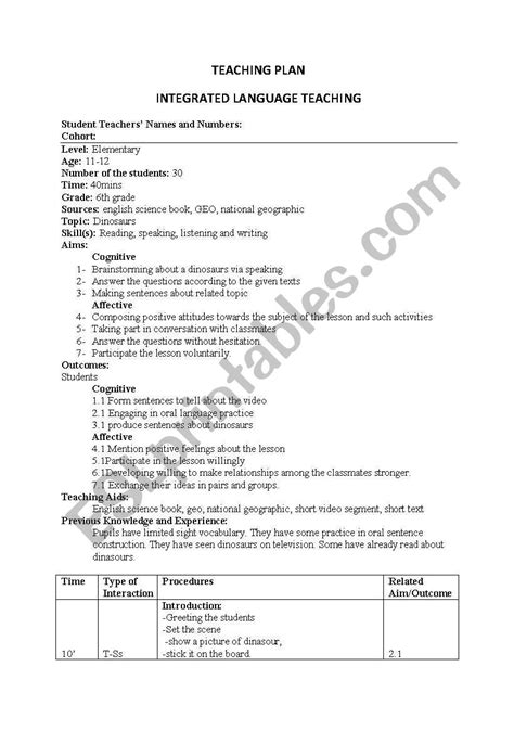 Lesson Plan Integrated Language Learning Esl Worksheet By Yasam