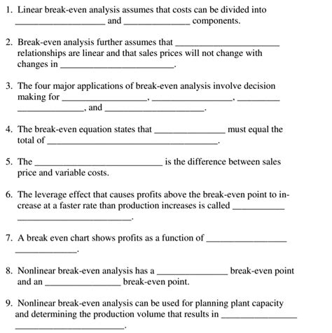 1 Linear Break Even Analysis Assumes That Costs Can Be Divided Into And Components 2 Break