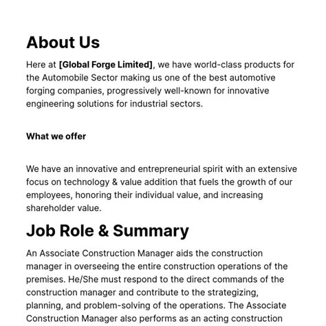 Associate Construction Manager Job Description Template Edit Online And Download Example