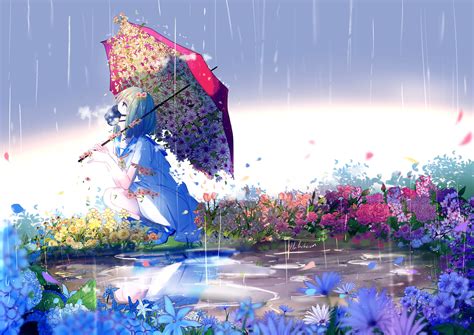 Plants Comic Art Rain Anime Girls Umbrella Mask Anime Flowers
