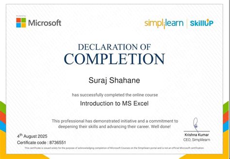 Completed Introduction To Ms Excel Certification By Simplilearn