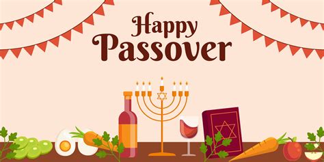 Flat Happy Passover Horizontal Banner Illustration With Vegetables Holy Book And Drink