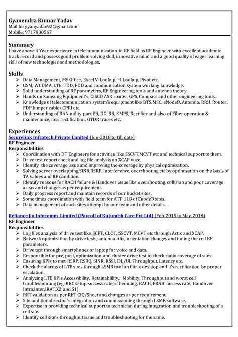 Above 4 Year Experience In Telecommunication As Rf Engineer Pdf