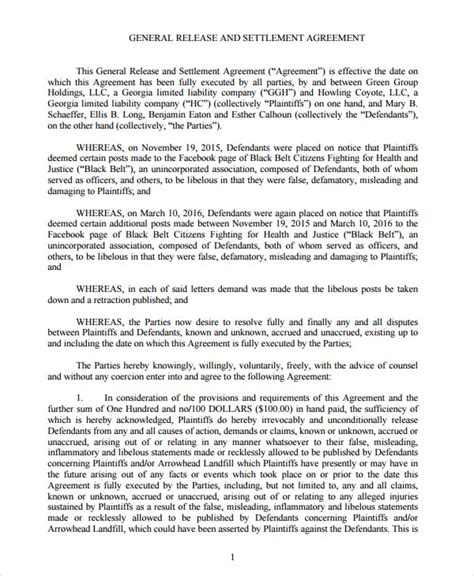 General Release And Settlement Agreement Template