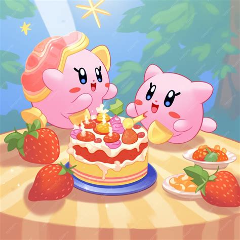 Premium Ai Image Kirby And Ribbon Cartoon Eat Strawberry Cake Image